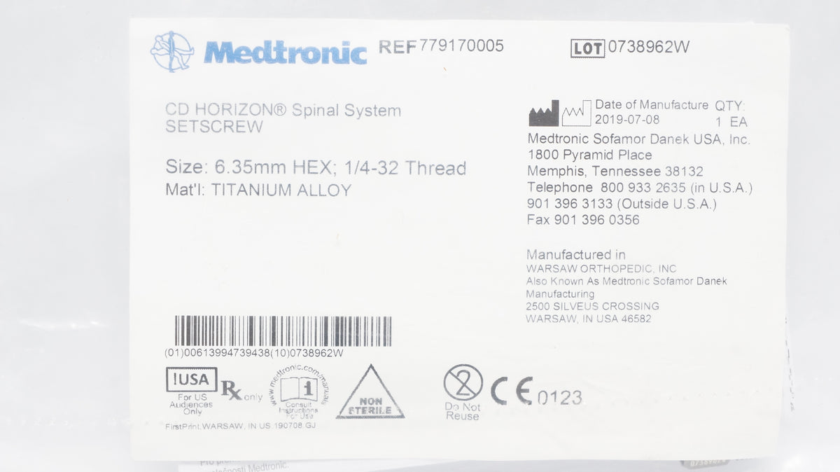 Medtronic 779170005 CD Horizon Spinal System SETSCREW 6.35mm Hex; 1/4 ...