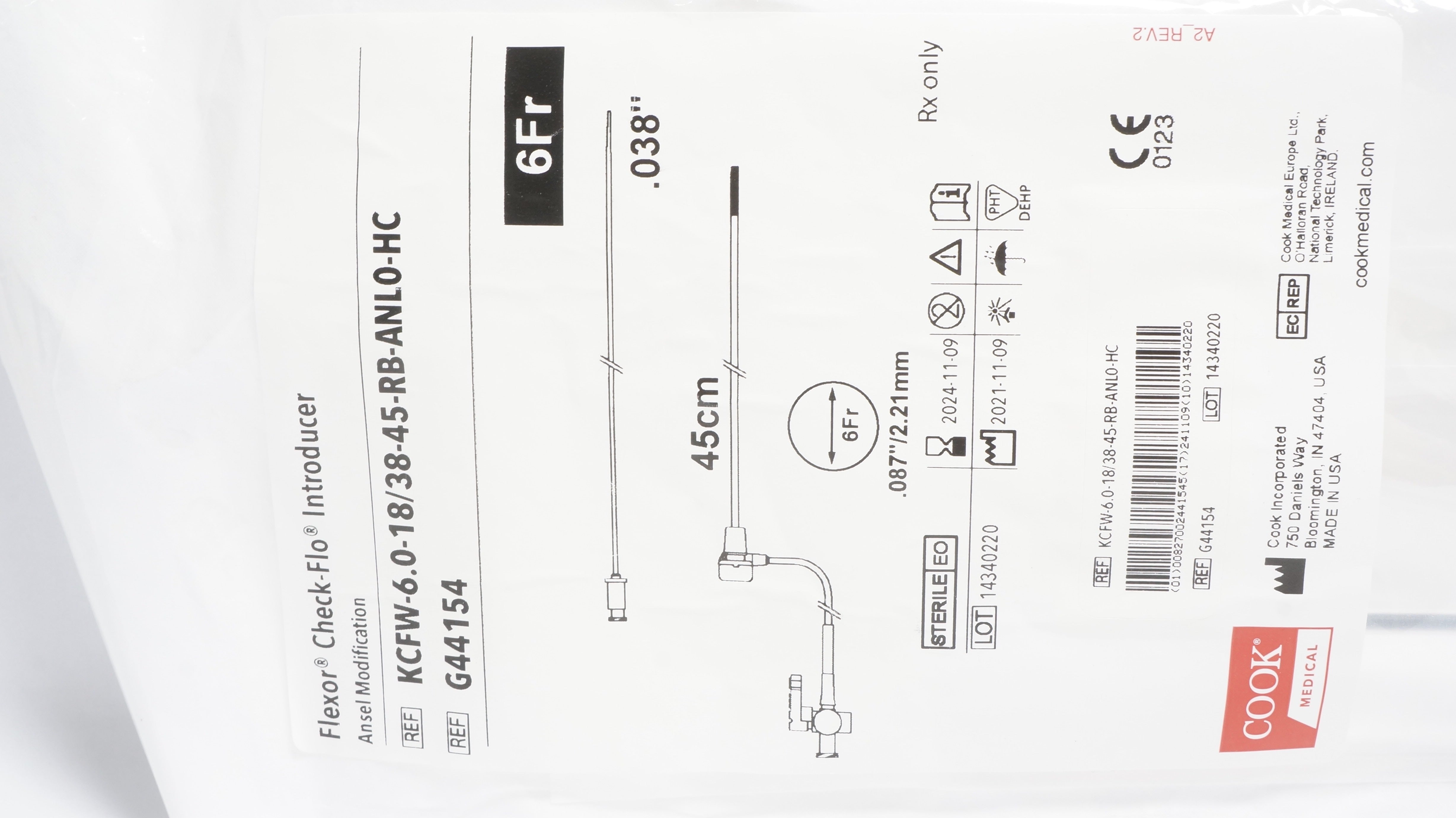 Cook Medical G44154 Flexor Check-Flo Introducer 6Fr x .018 x .038inch ...