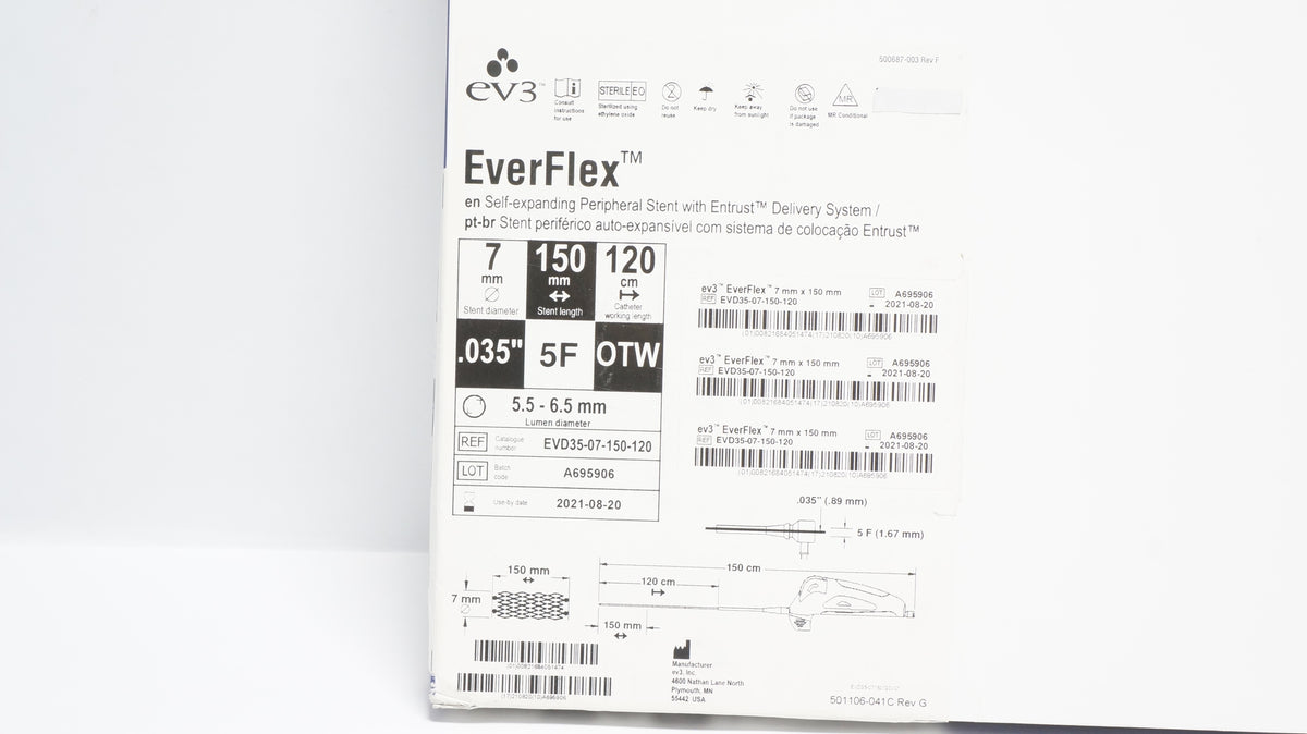 EV3 EVD35-07-150-120 EverFlex Self-Expanding Peripheral Stent w/Entrus ...