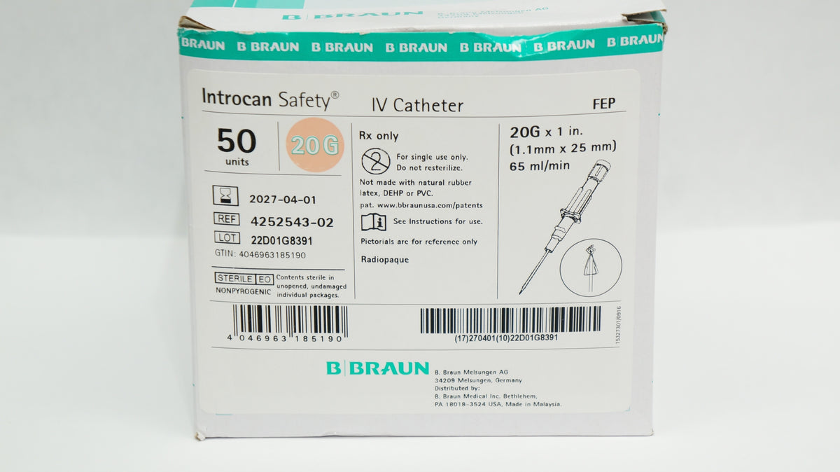 Braun 4252543-02 Introcan Safety IV Cath. 20G x 1inch 65ml - Box of 14 ...