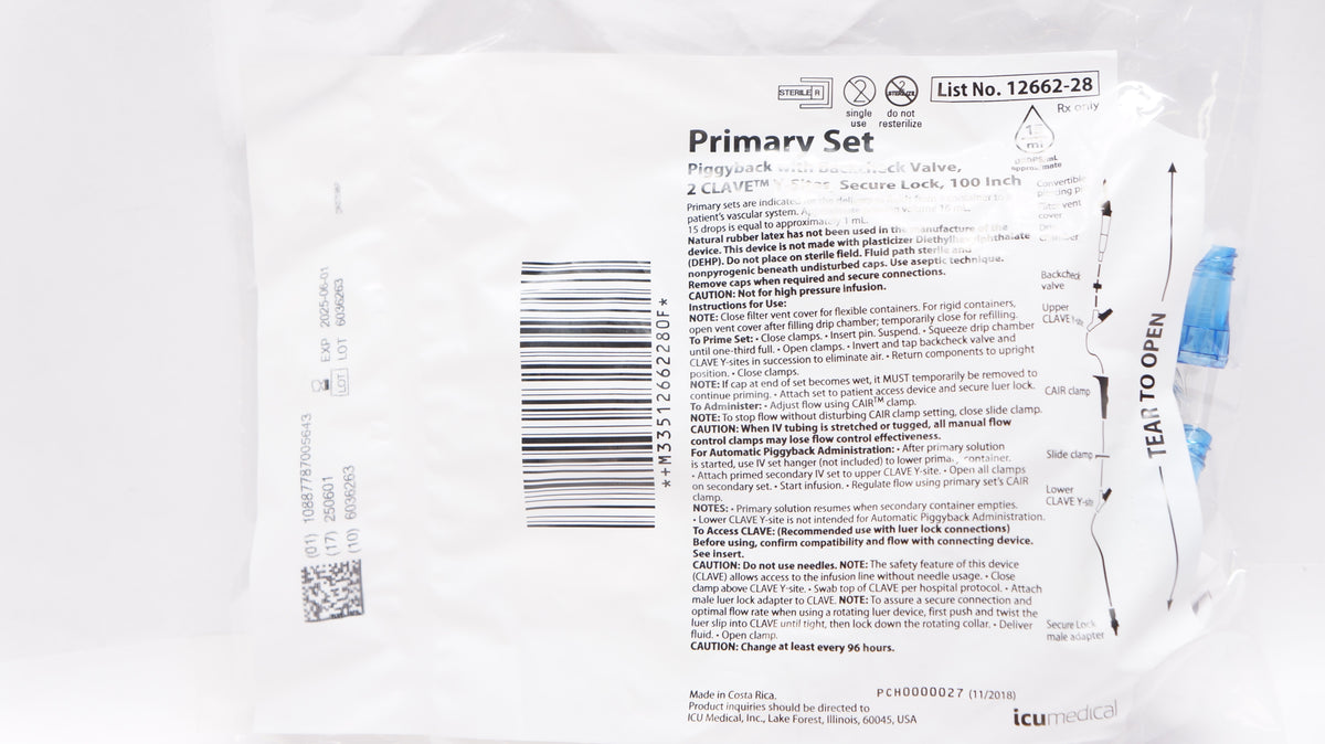 ICU Medical 12662-28 Primary Set Piggyback w/Backcheck Valve 100inch 1 ...