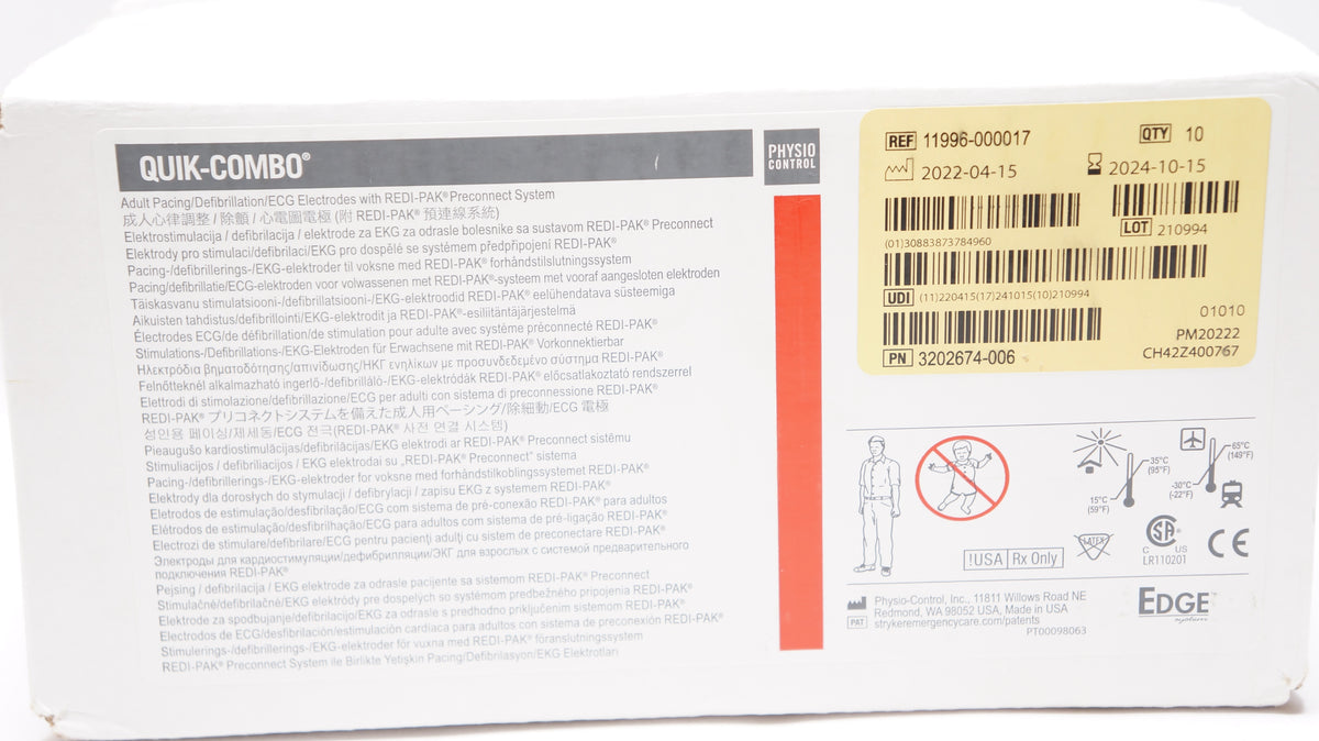 Physio Control 11996-000017 Quik-Combo Adult ECG Electrodes - Box of 1 ...