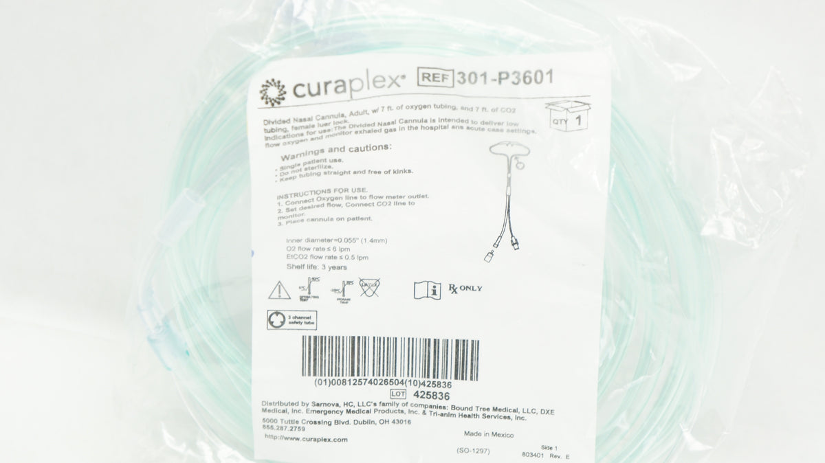 Curaplex 301-P3601 Divided Nasal Cannula, Adult w/7ft. Oxygen & CO2 Tu ...