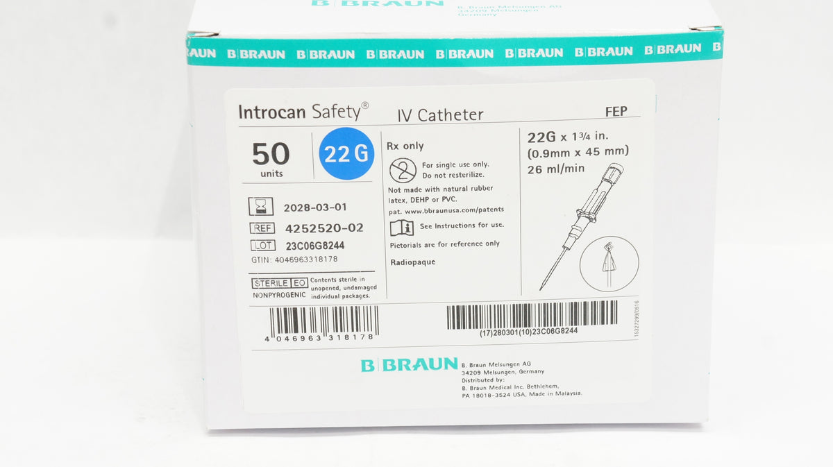 Braun 4252520-02 Introcan Safety IV Cath. 22G x 1-3/4inch 26ml/min - B ...