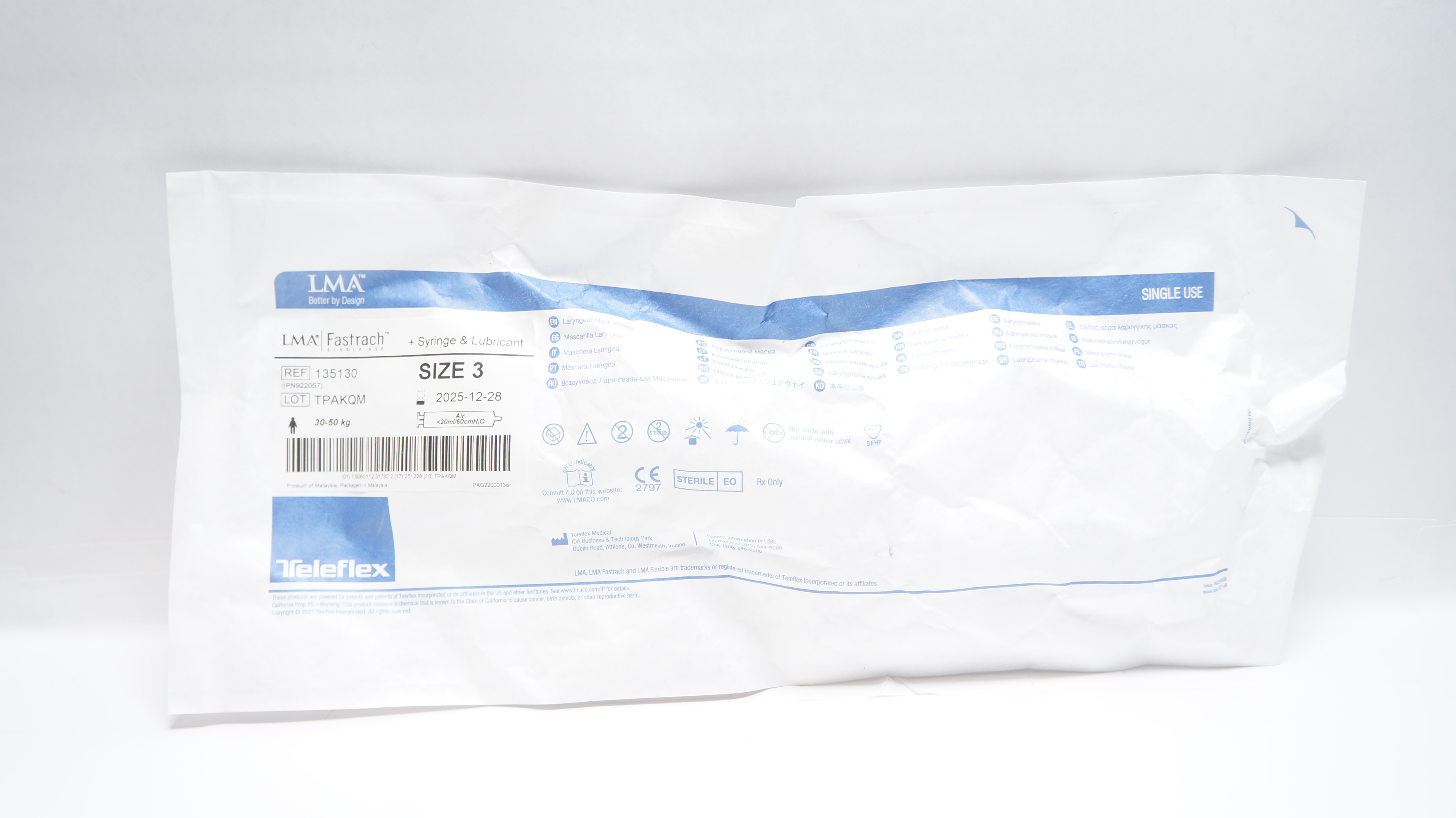 Teleflex 135130 LMA Fastrach Laryngeal Mask Syringe & Lubricant Size 3 ...