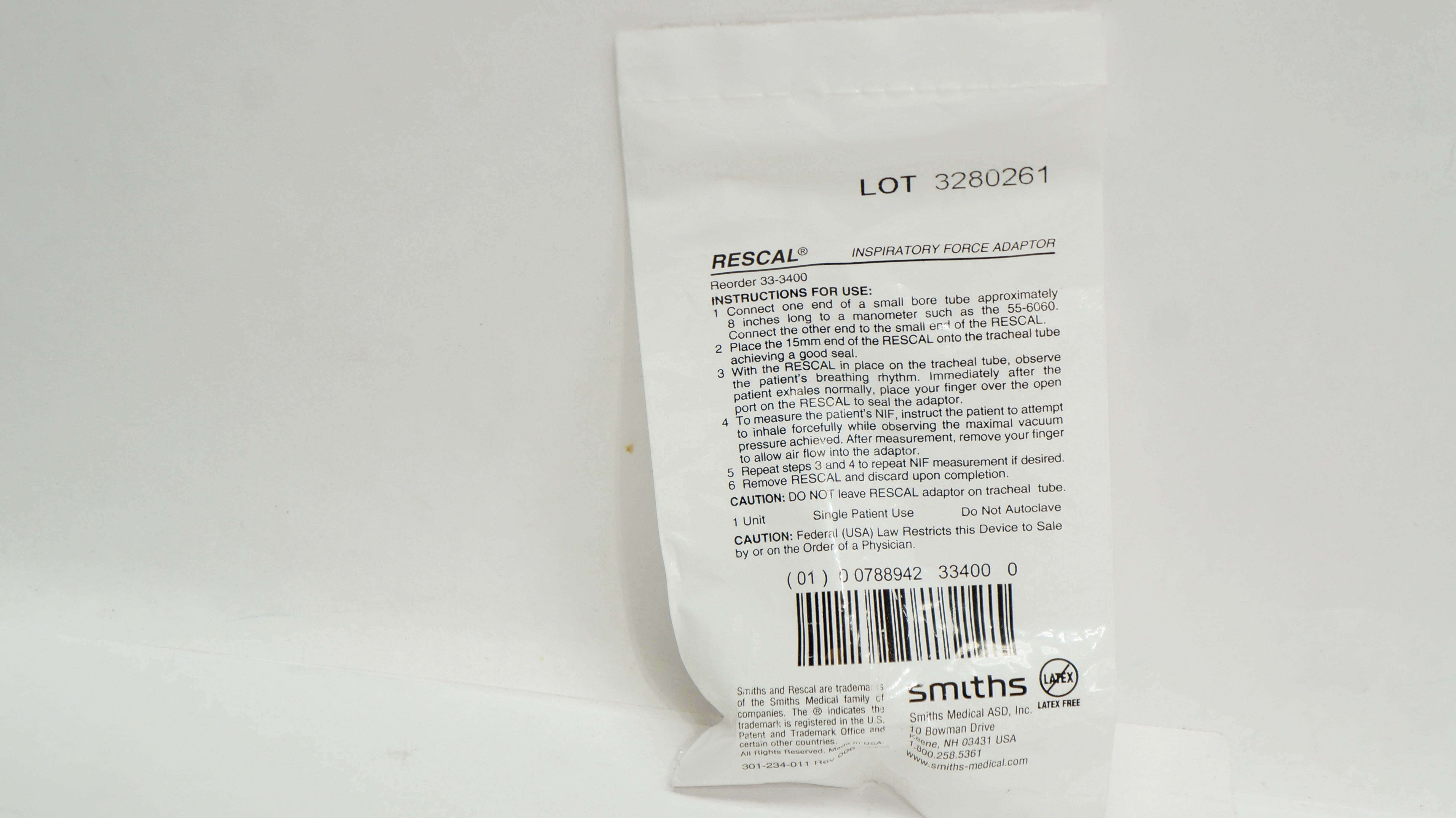 Smiths Medical 33-3400 RESCAL Inspiratory Force Adaptor