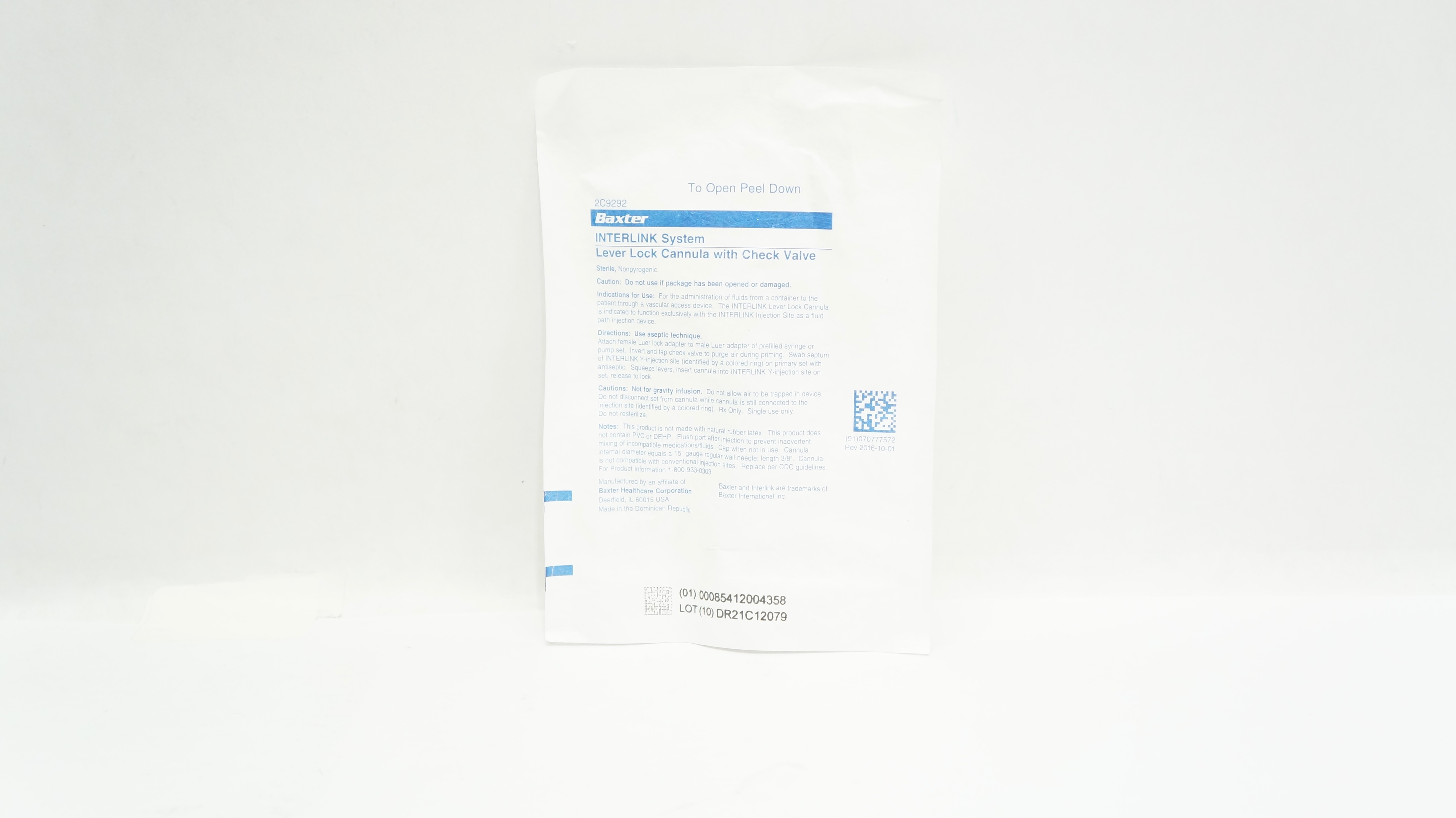Baxter 2C9292 Interlink System Lever Lock Cannula w/Check Valve