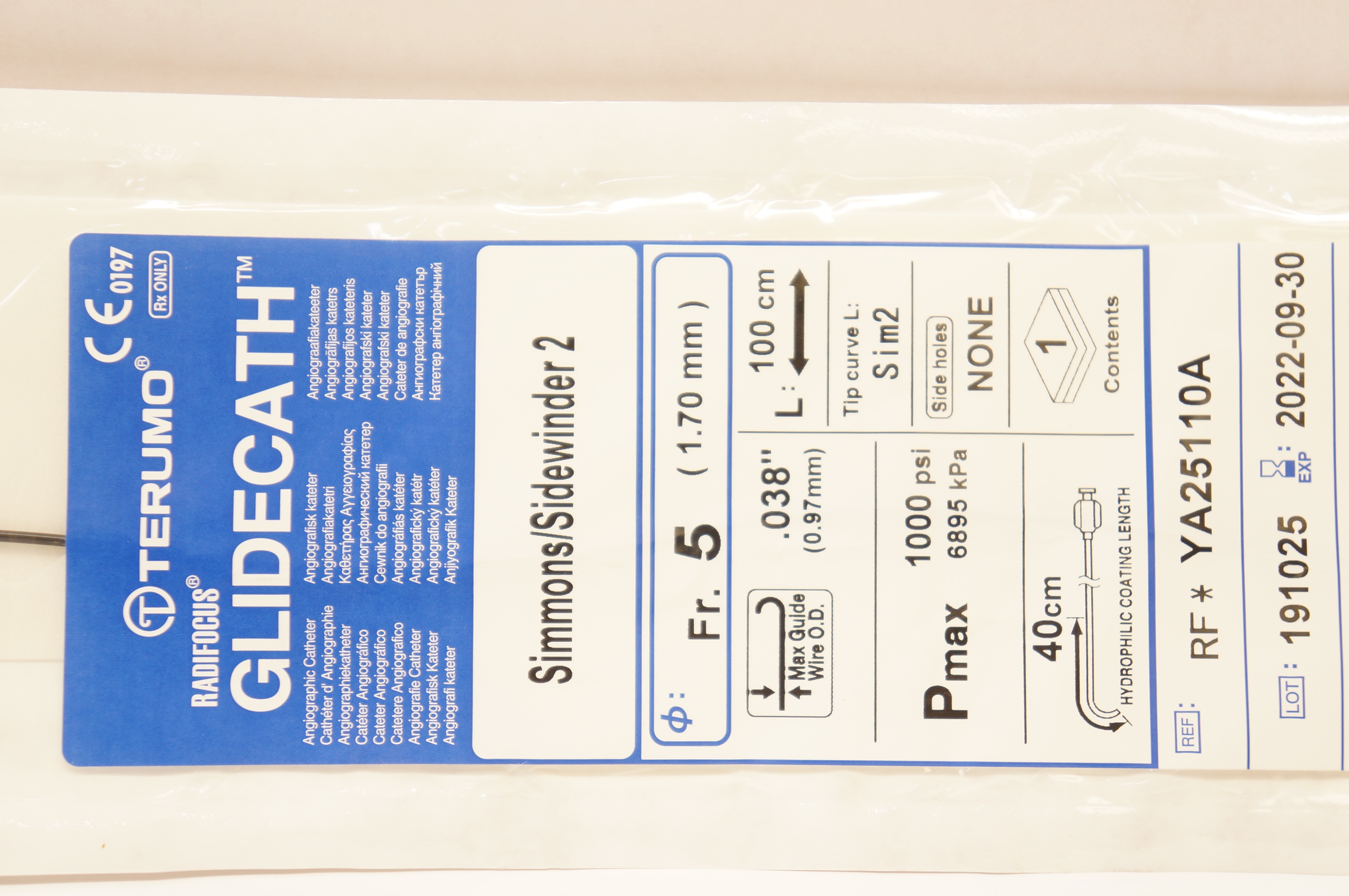 Terumo YA25110A Radifocus Glidecath Angiographic Cath. 5Fr x 100cm x ...