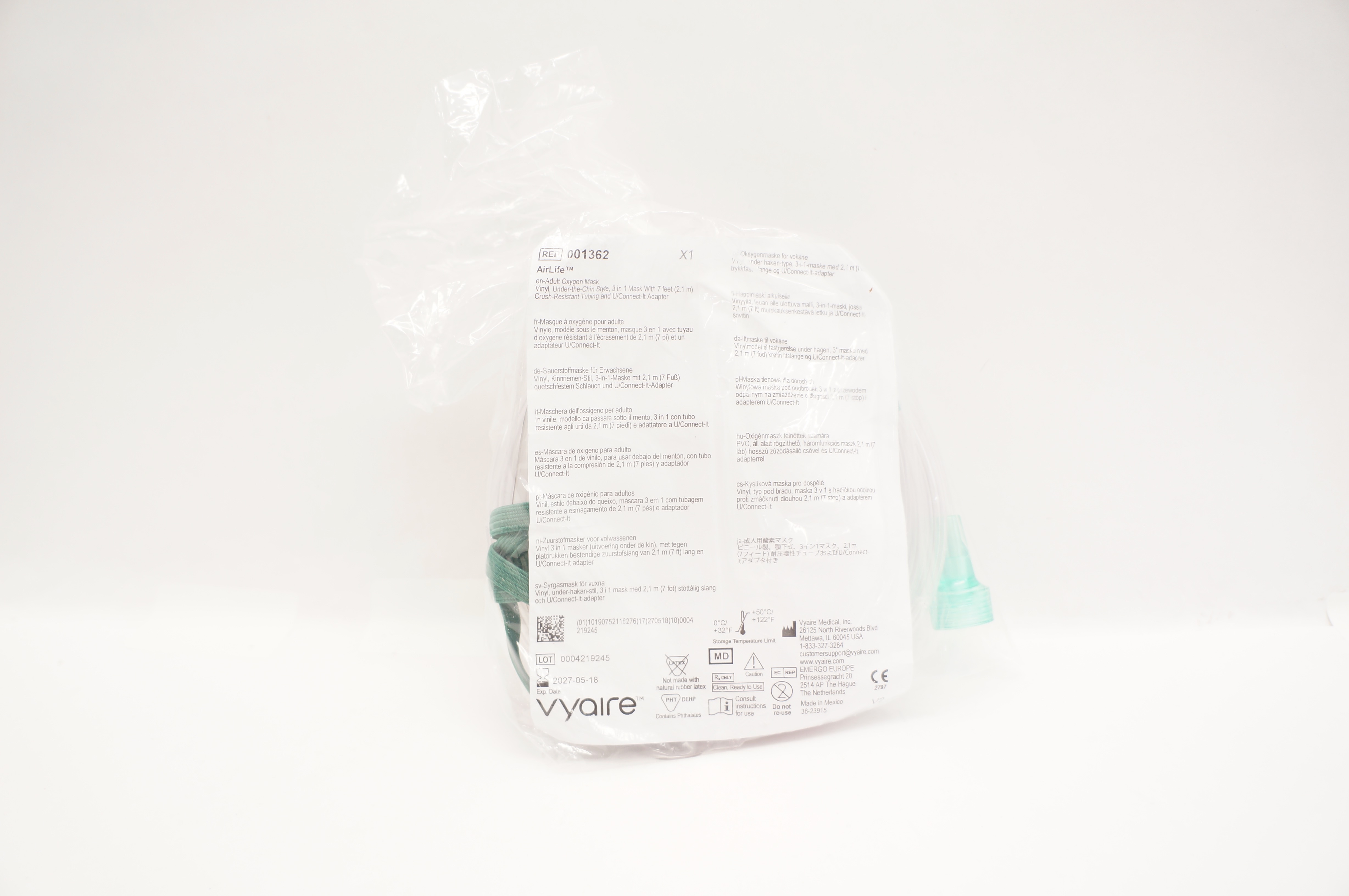 Vyaire 001362 AirLife Adult Oxygen Mask Vinyl w/7ft. Tubing & U/Connect ...